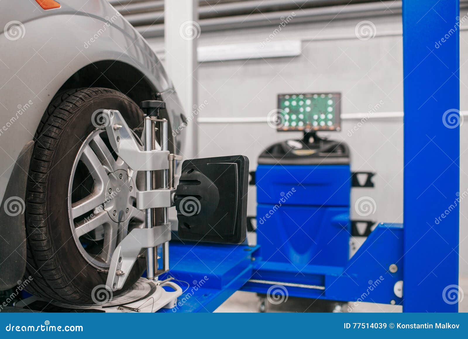 Car on Stand with Sensors Wheels for Alignment Camber Check in Workshop ...