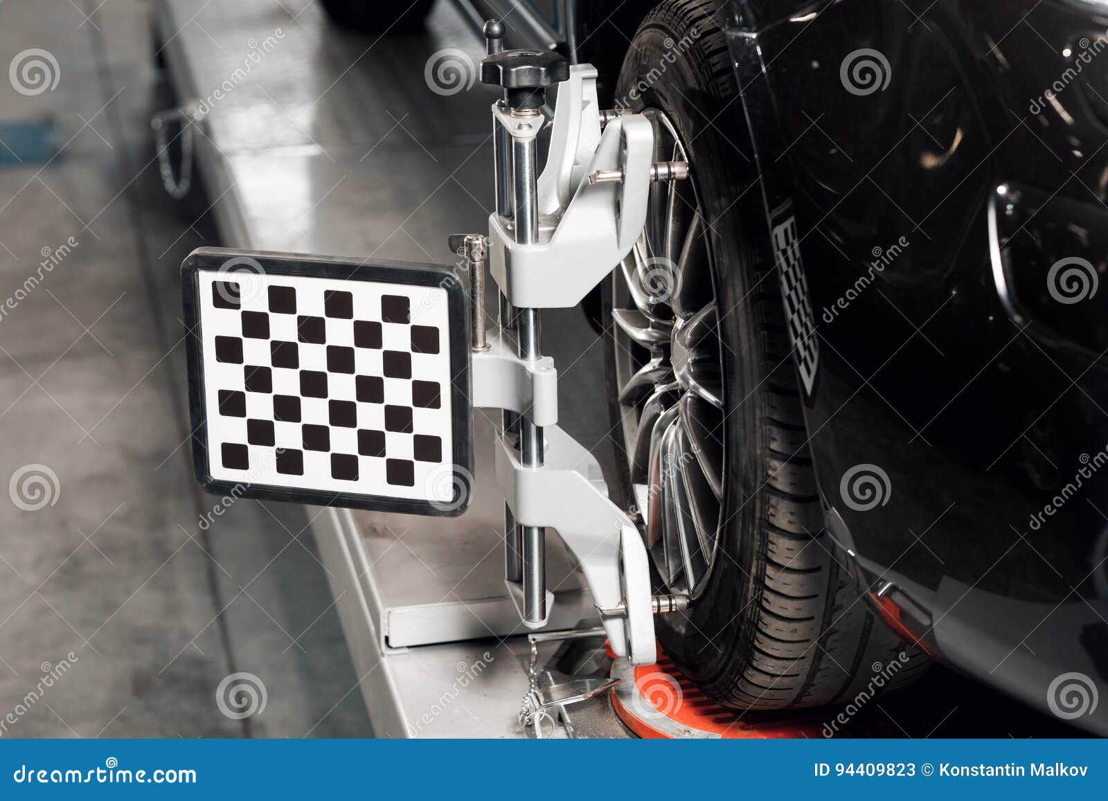 Car on Stand with Sensors Wheels for Alignment Camber Check in Workshop ...