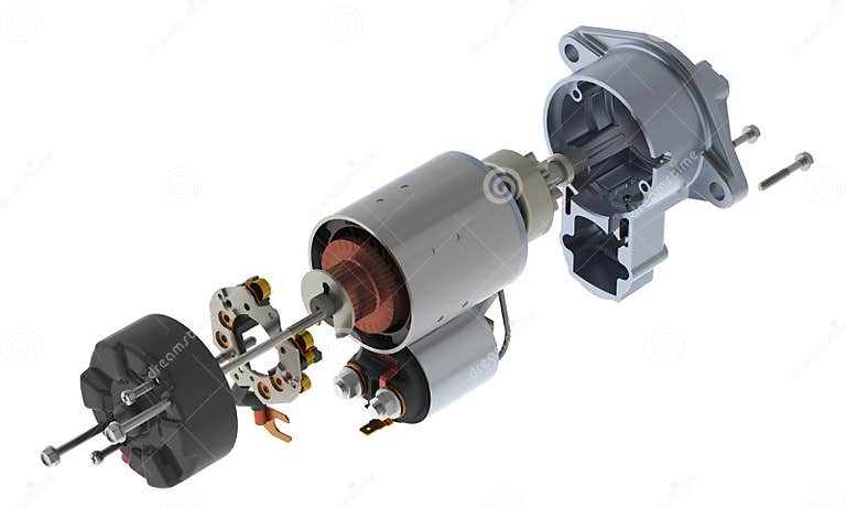 Car Starter Components, Exploded View, 3D Rendering Isolated on White ...