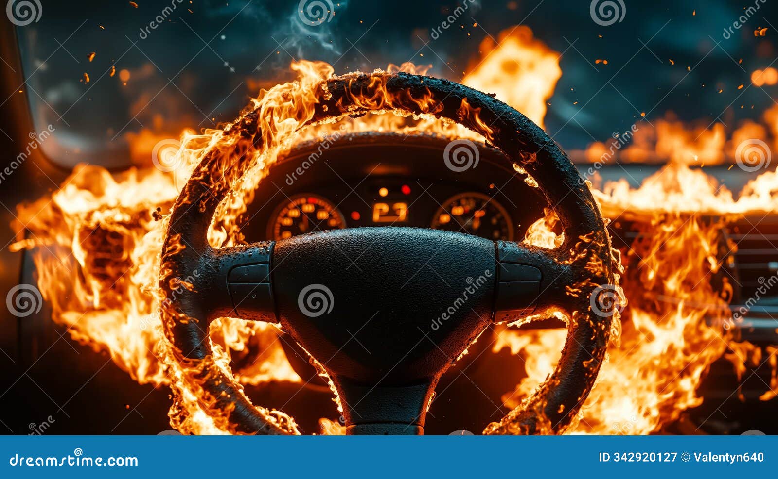 A Car with a Steering Wheel Covered in Flames Stock Image - Image of ...