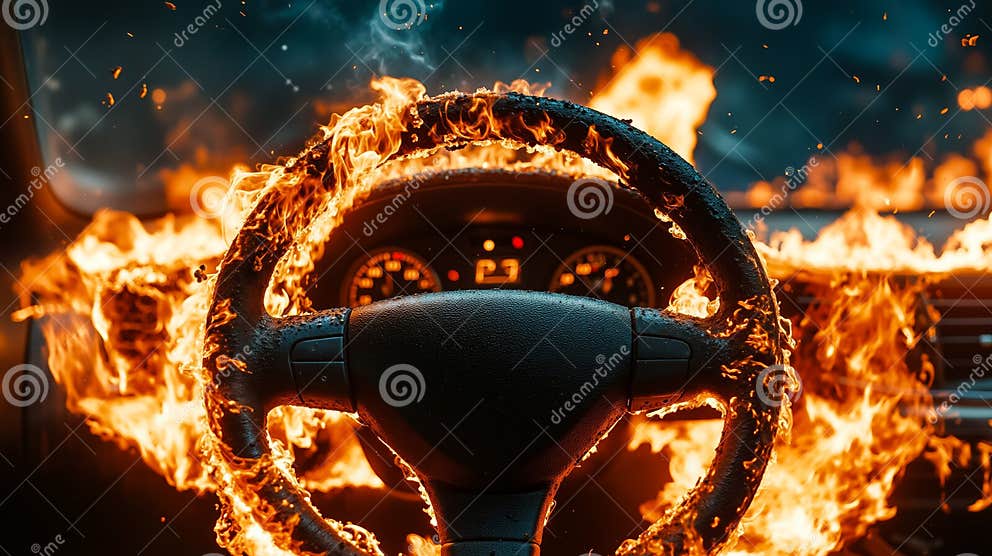 A Car with a Steering Wheel Covered in Flames Stock Image - Image of ...