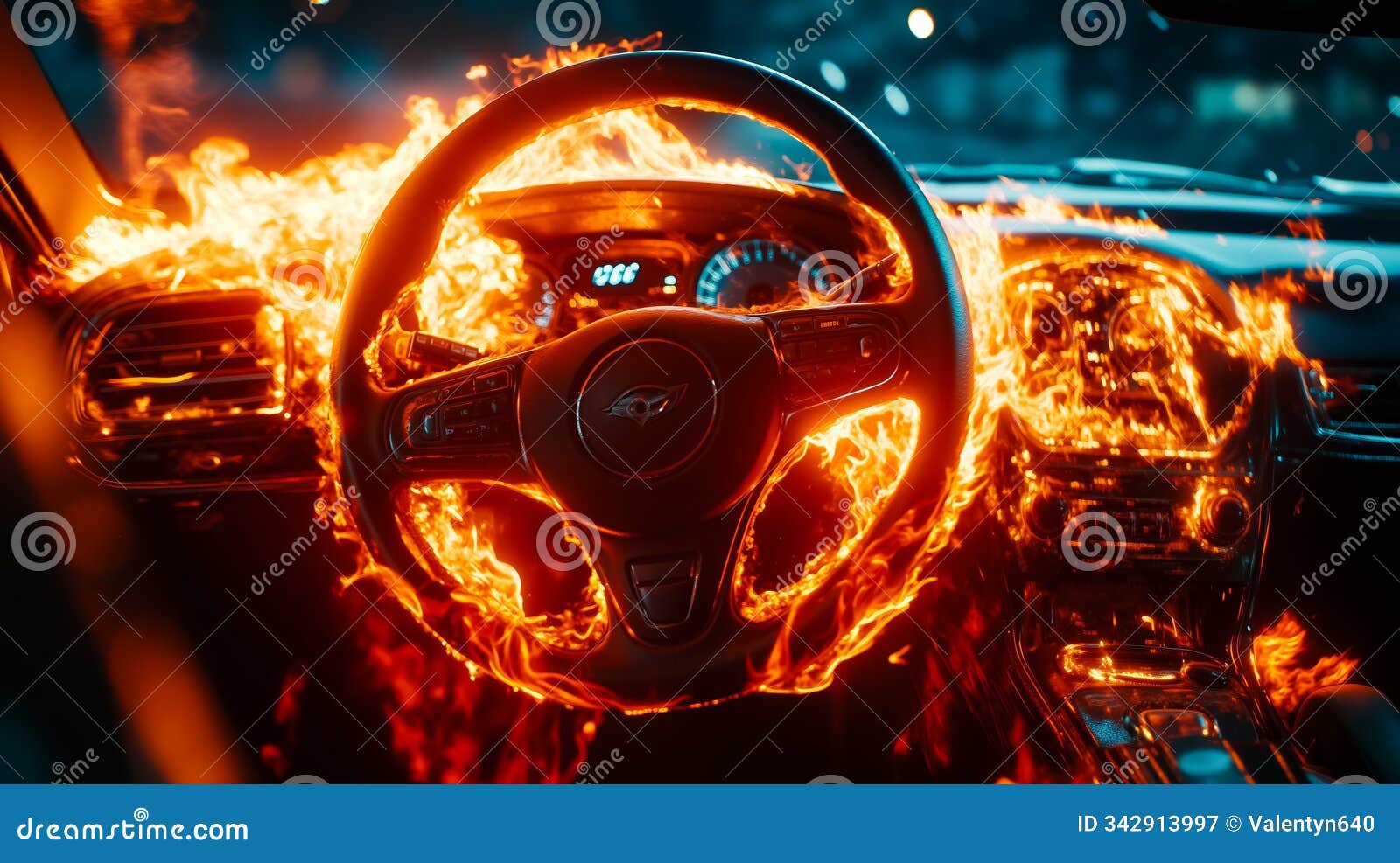 A Car with a Steering Wheel Covered in Flames Stock Image - Image of ...