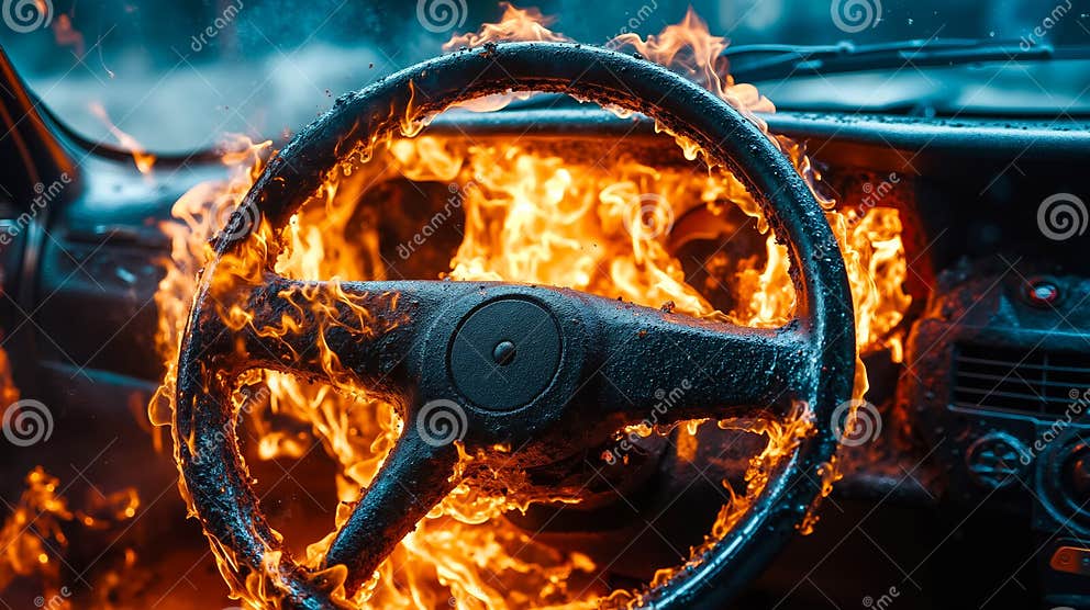 A Car with a Steering Wheel on Fire Inside of it Stock Image - Image of ...