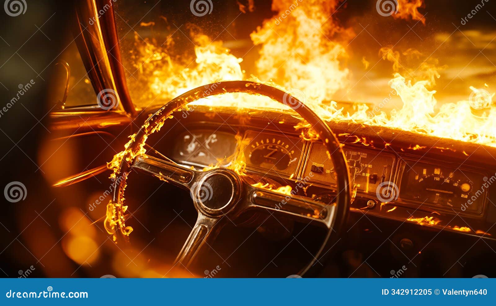 A Car with a Steering Wheel on Fire Inside of it Stock Image - Image of ...