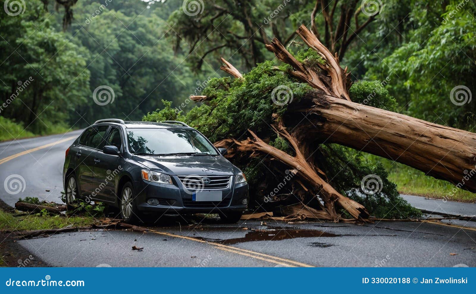 Car Struck by Fallen Tree in Forest, Blocking Road, Causing Damage and ...