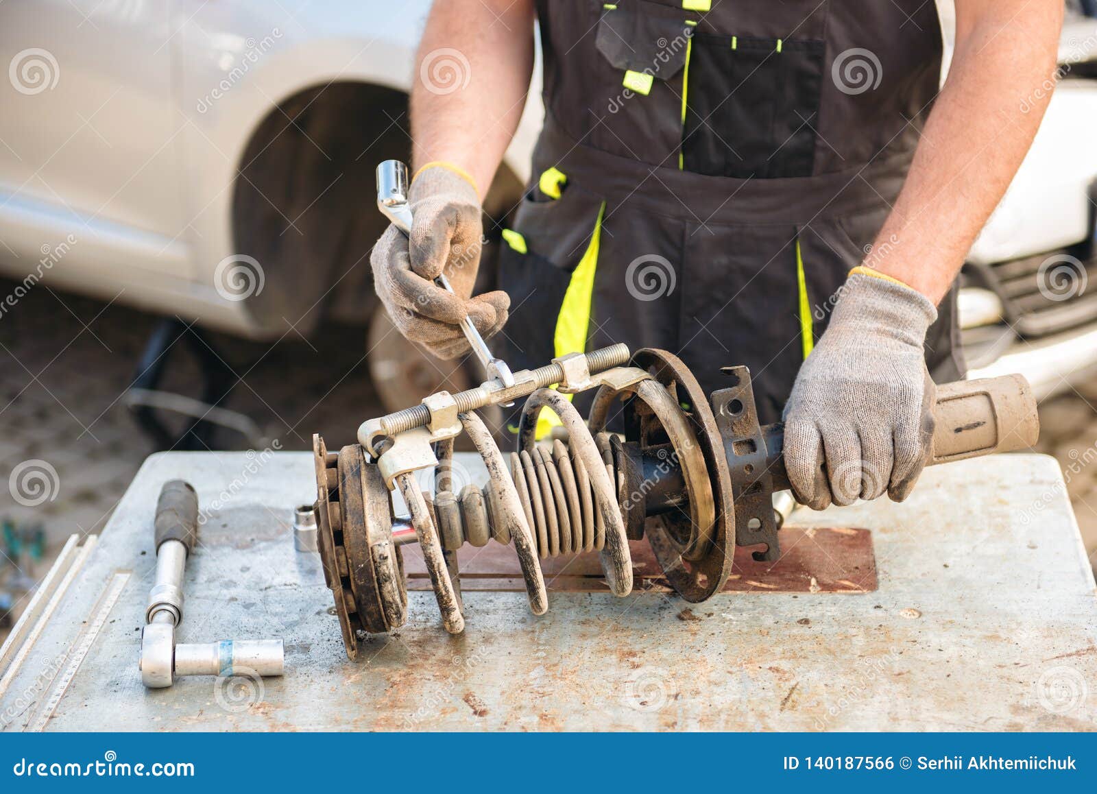 Car Suspension Repair. Shock Absorber Stock Photo - Image of inspection ...