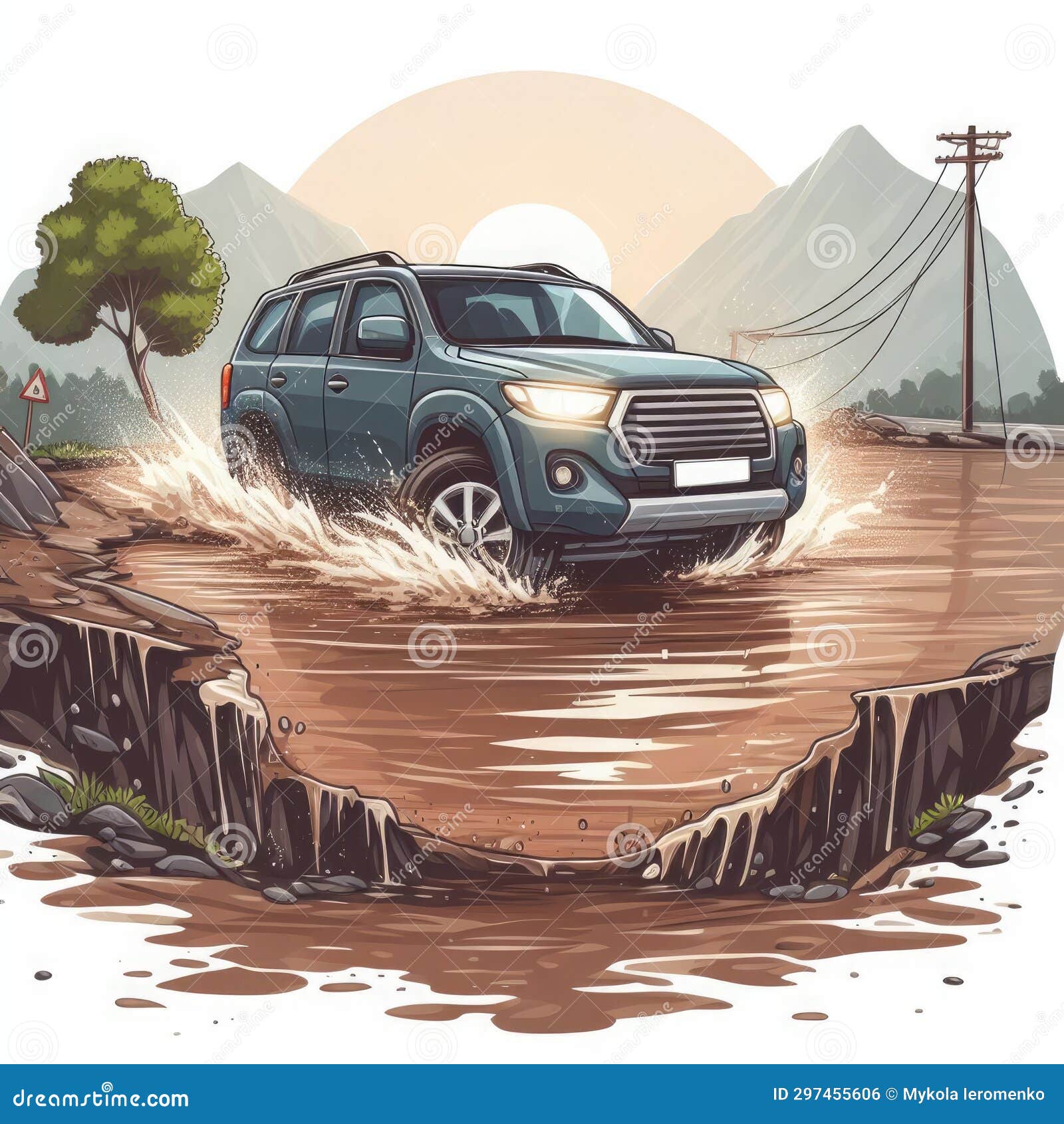 A Car SUV Driving through Large Puddles. Stock Illustration ...