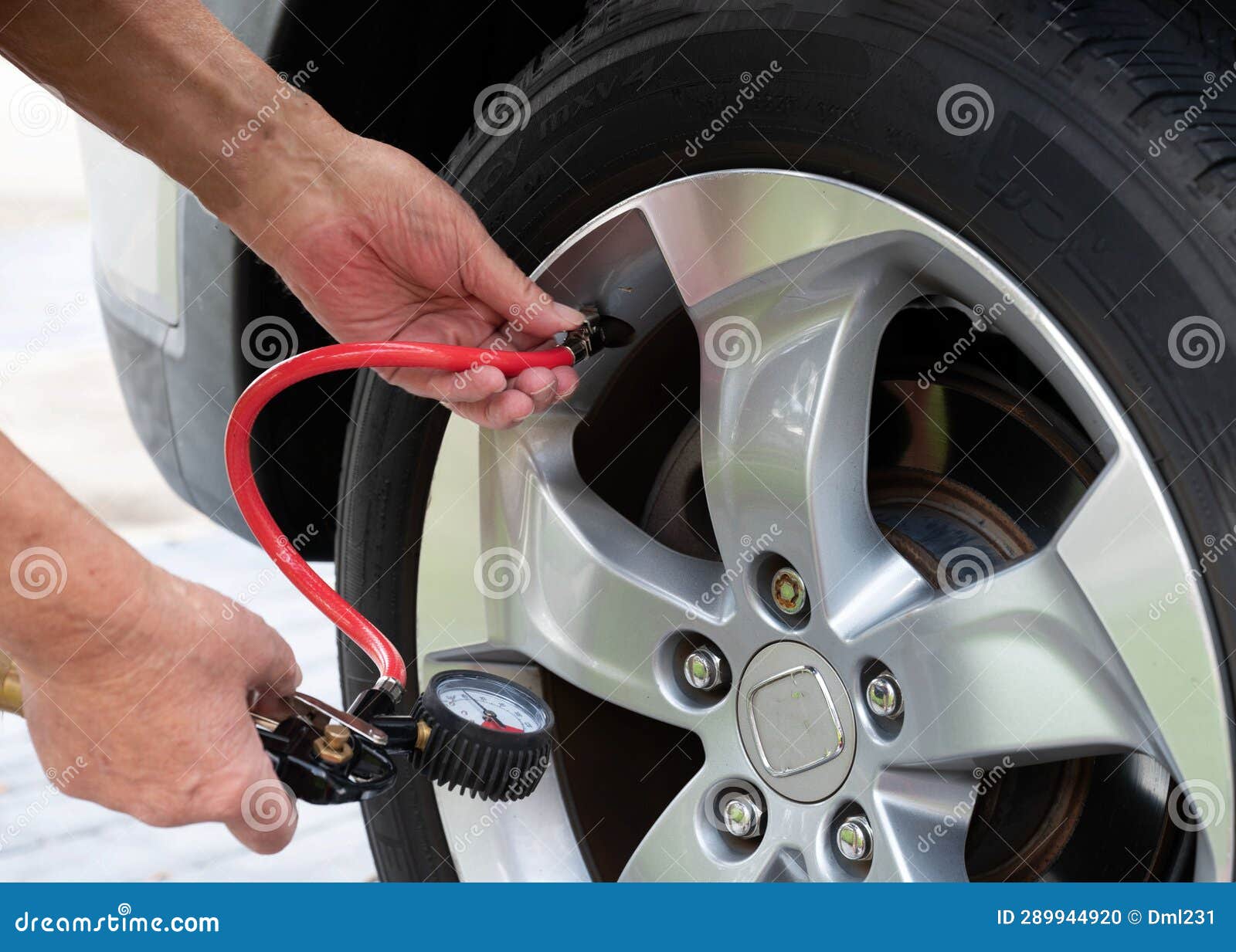 Car Tire Being Inflated with Air Compressor Stock Photo - Image of tool ...