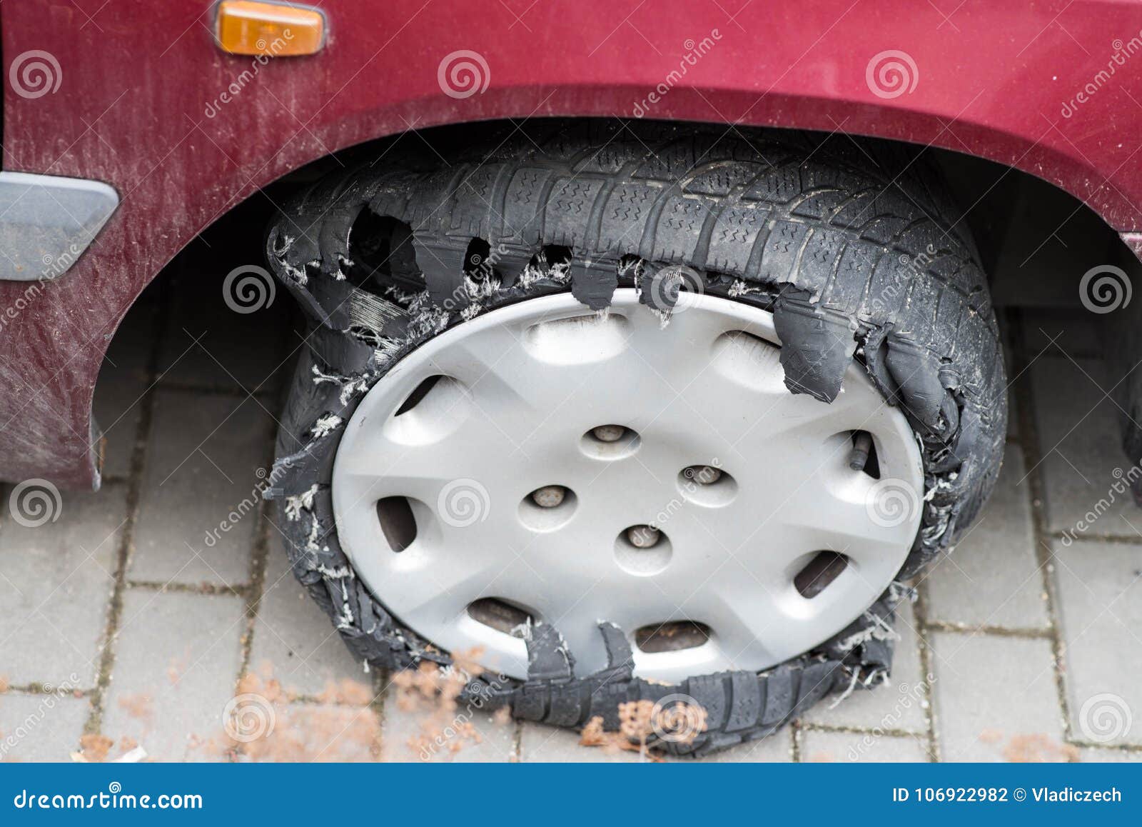 Car Tire Completely Damaged after Leak and Continue Driving. Tire ...