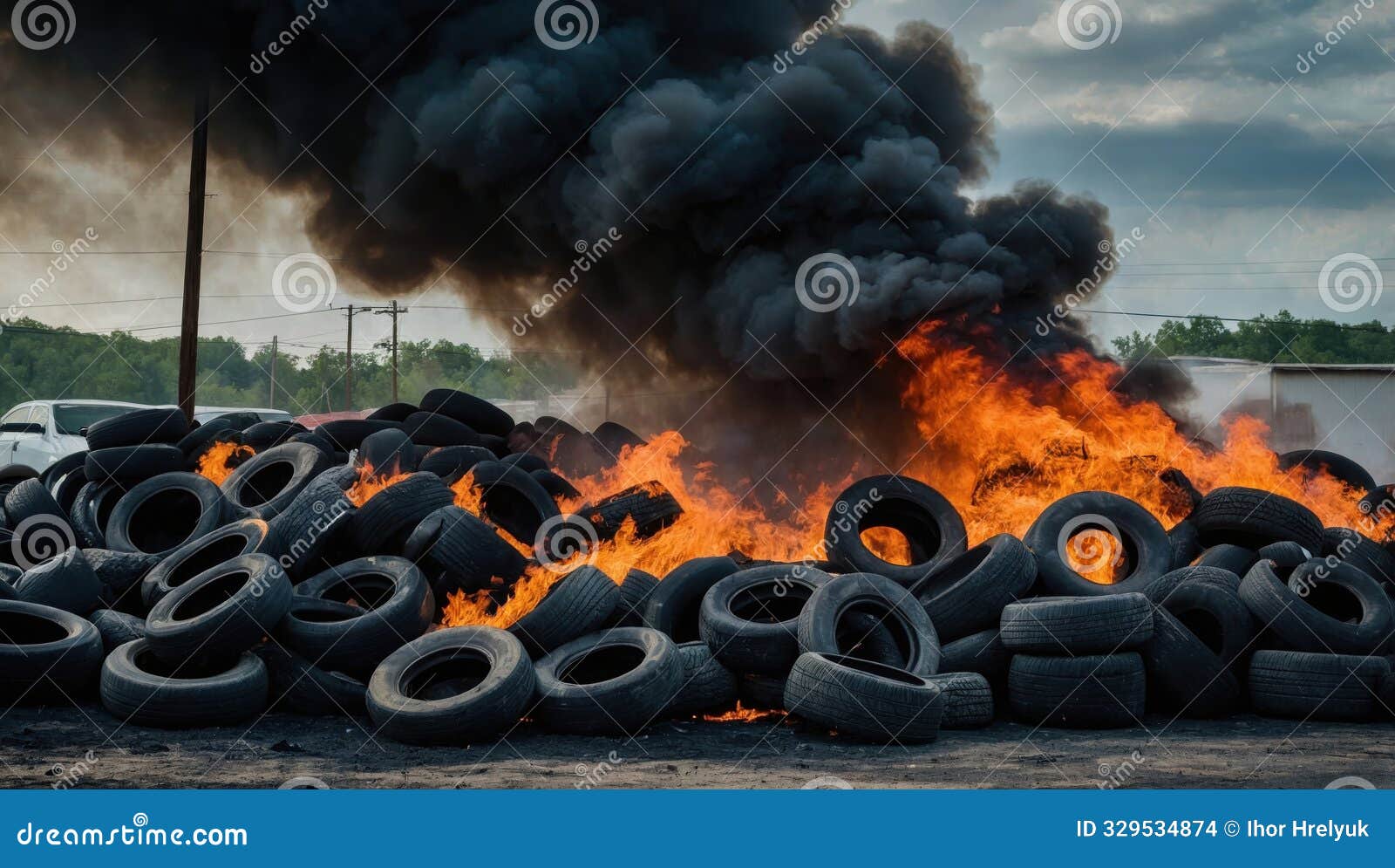 Car Tire Dump, Tire Storage Yard Fire, Black Smoke Rising from the Dump ...