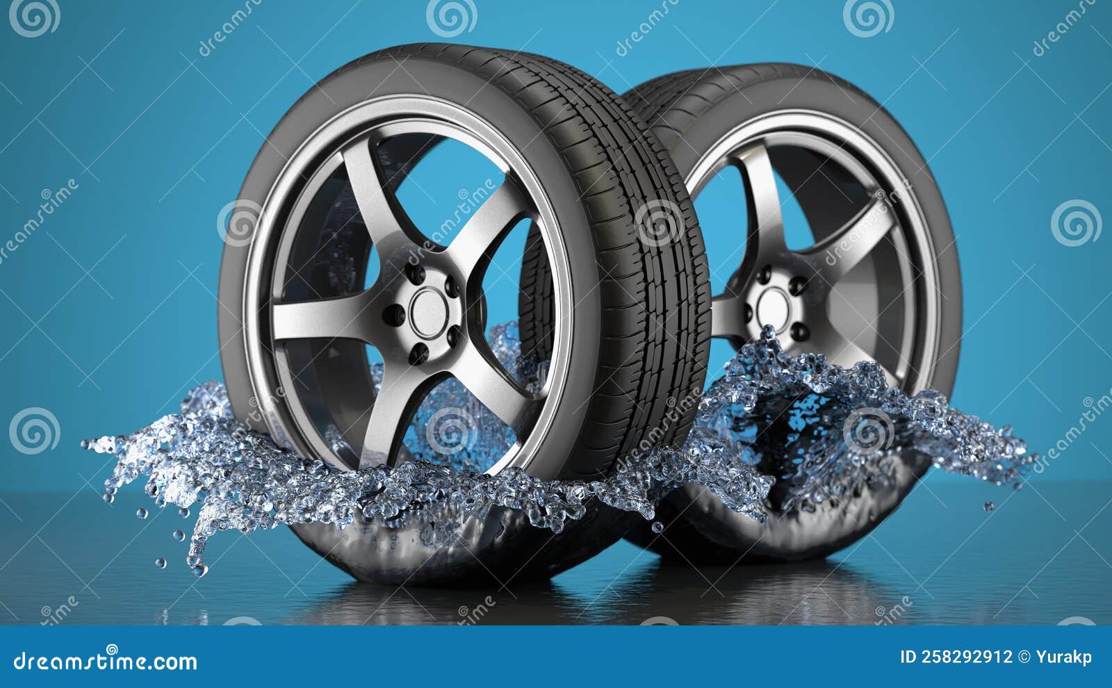 Car Tires and Wheels in Water Splash on a Blue Background. 3d Rendering ...