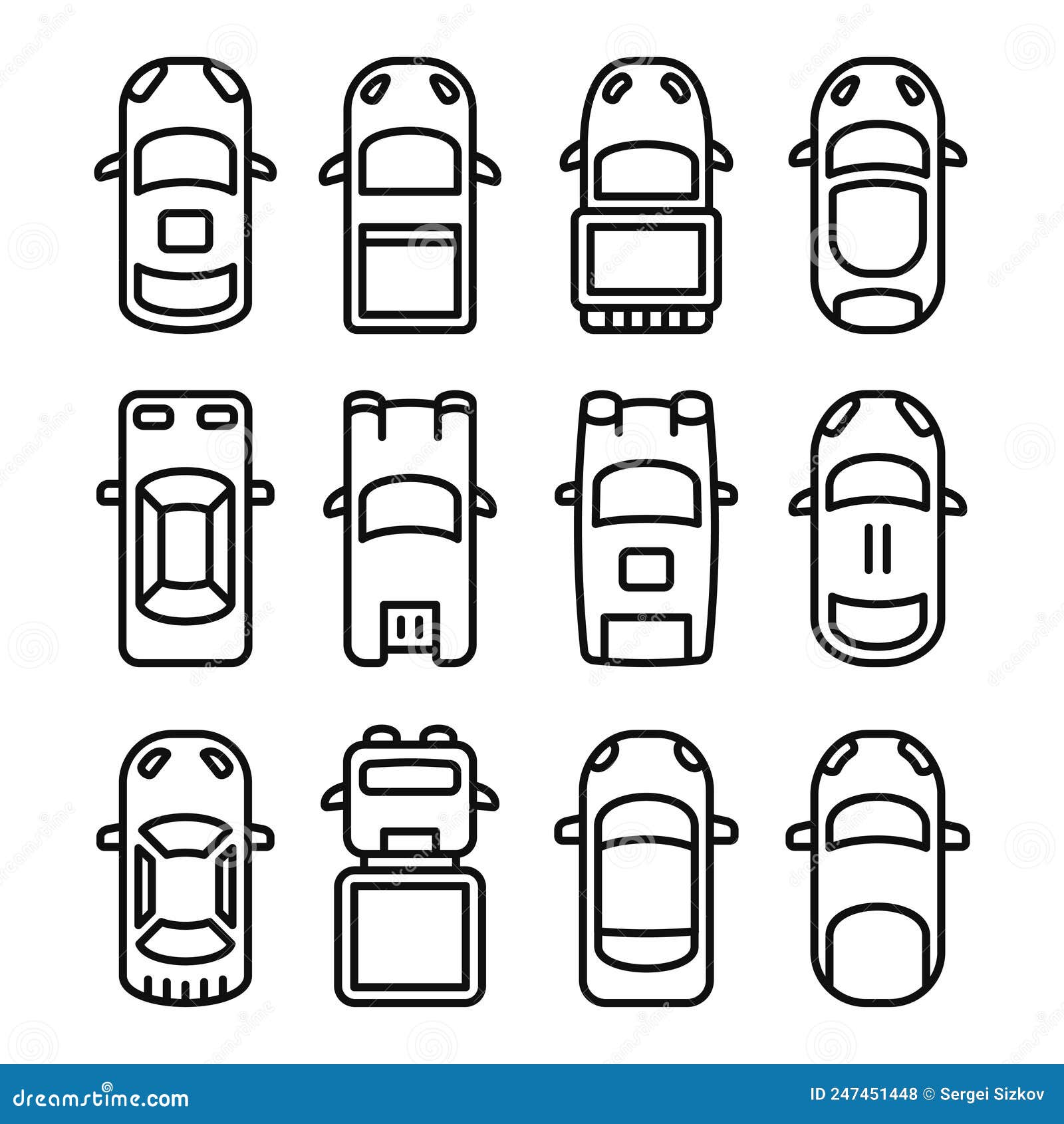 Car Top View Icon Set. Line Style Vector Stock Vector - Illustration of ...