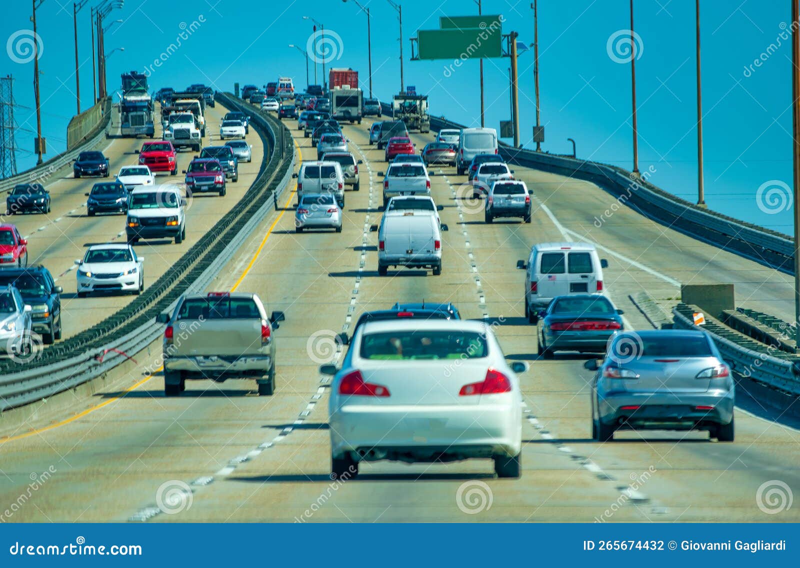 Car Traffic Over a Major Bridge, Empty Road Signs on the Right Side ...