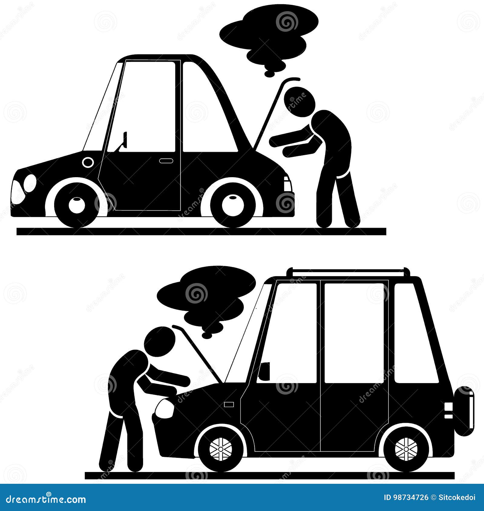 Car Trouble Silhouette on White Background. Stock Vector - Illustration ...