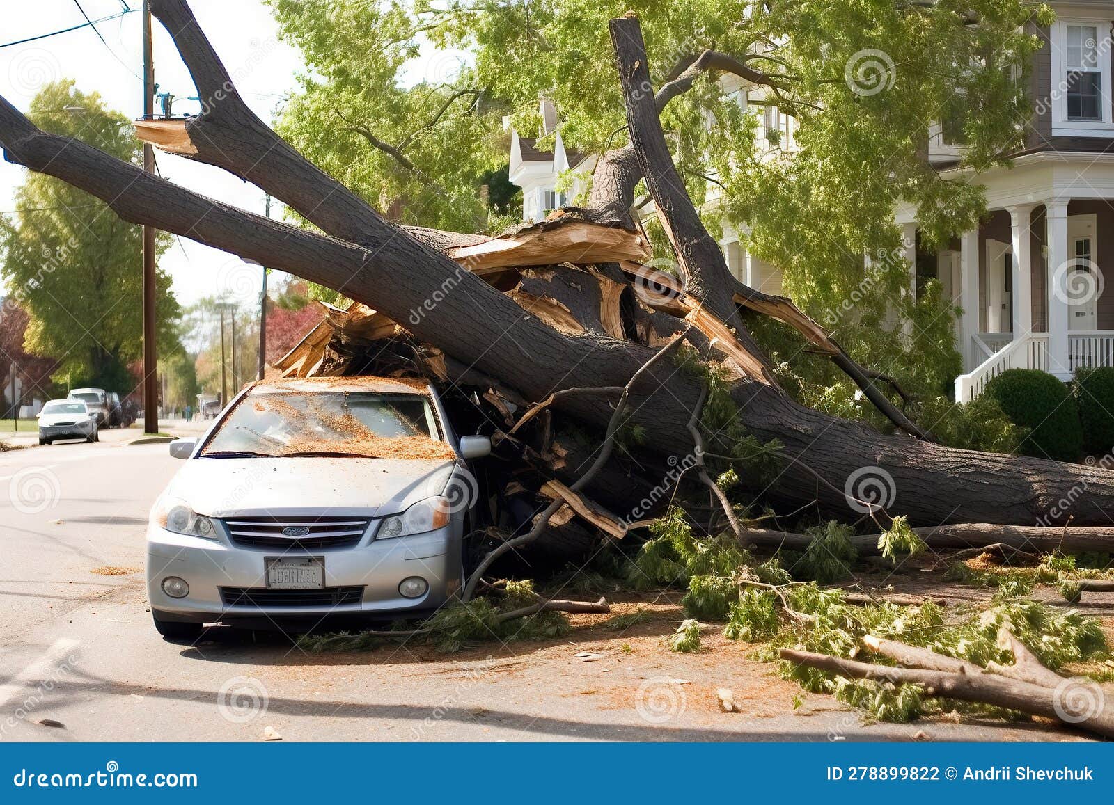 Car Under a Fallen Tree after Big Storm. Generative AI Stock ...