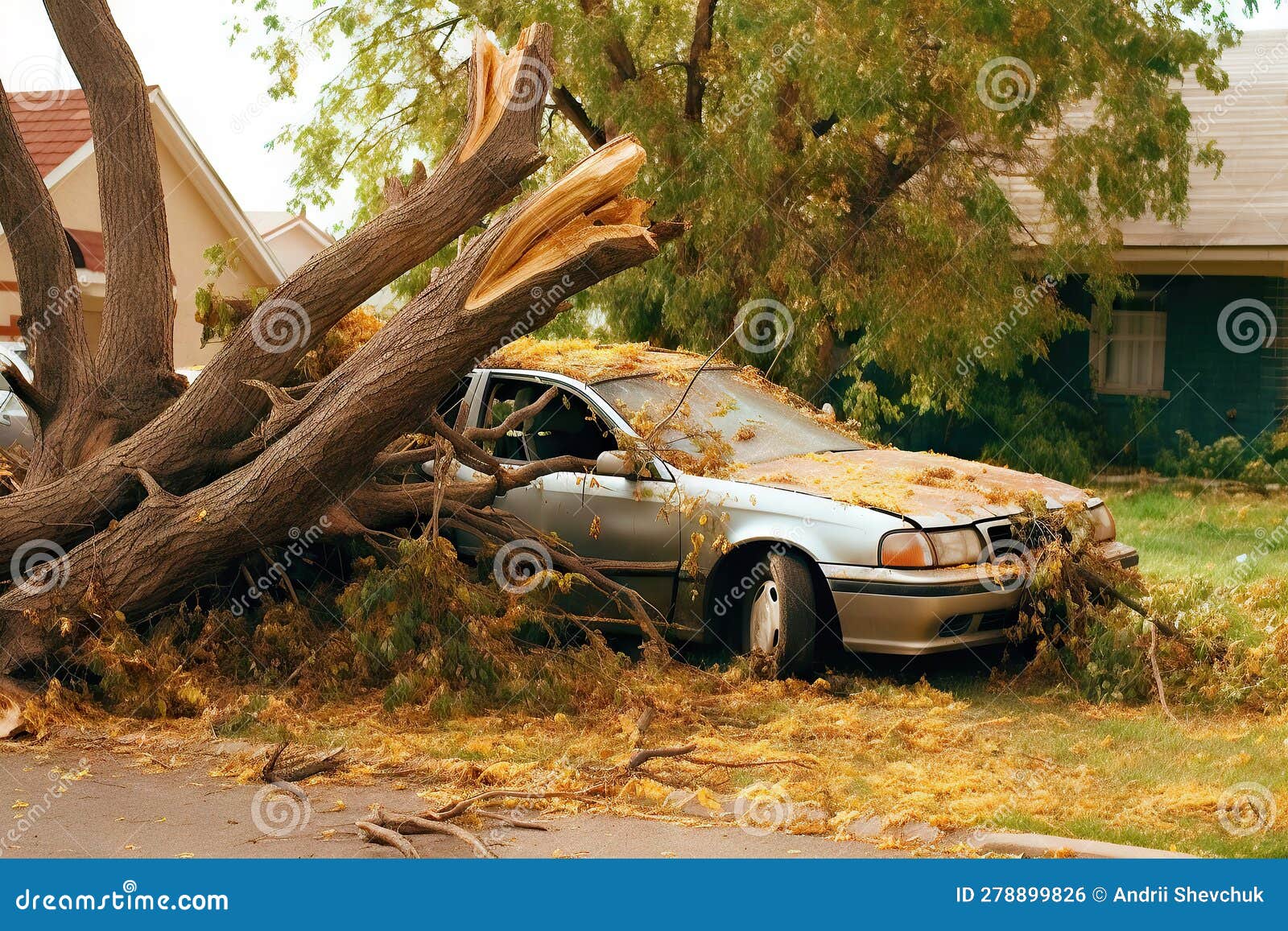 Car Under a Fallen Tree after Big Storm. Generative AI Stock ...