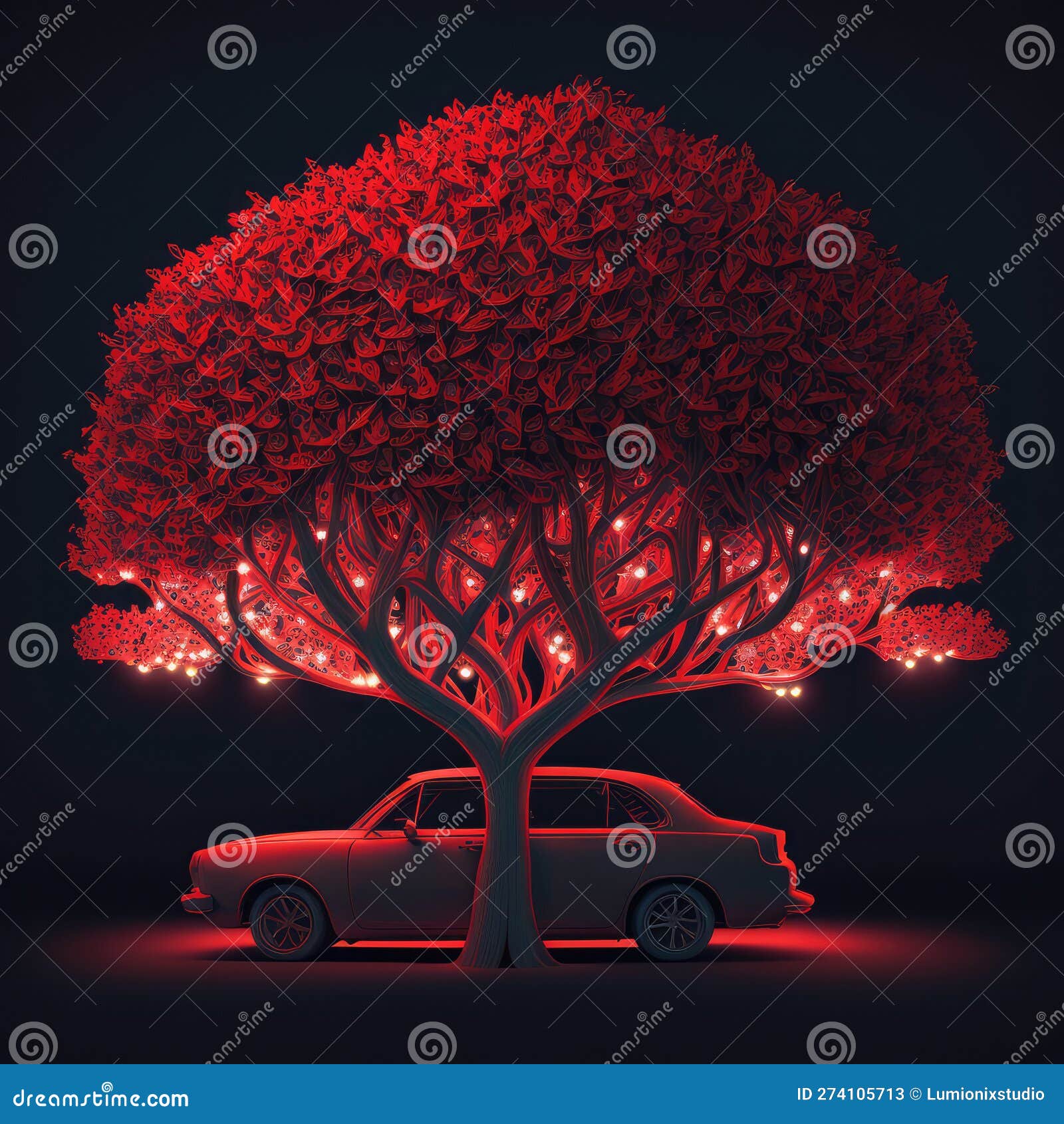 The Car Under the Tree is Illuminated by Red Lanterns on the Tree. AI ...