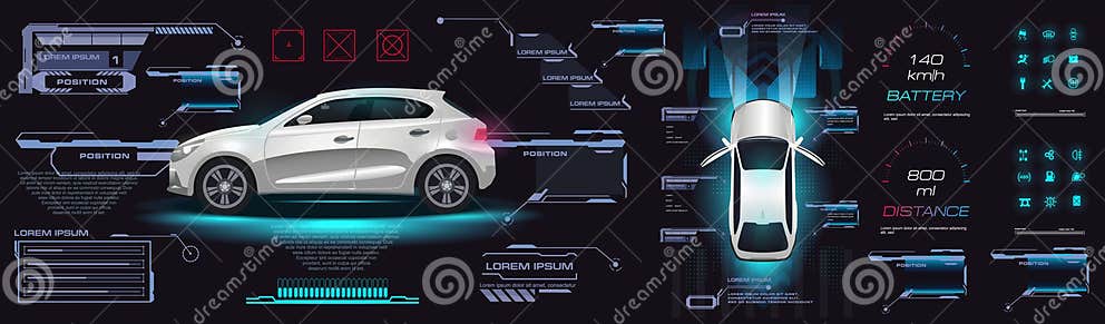Car User Interface HUD, GUI, UI. Dashboard with Car and Settings ...
