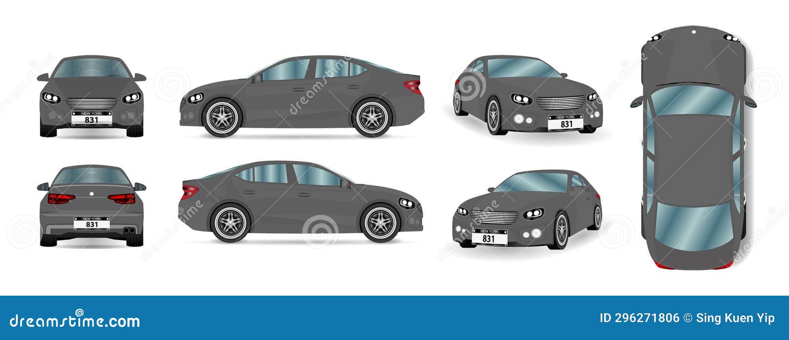 Car Vector. Set of Different Angles of a Grey Car, Front, Rear, Side ...