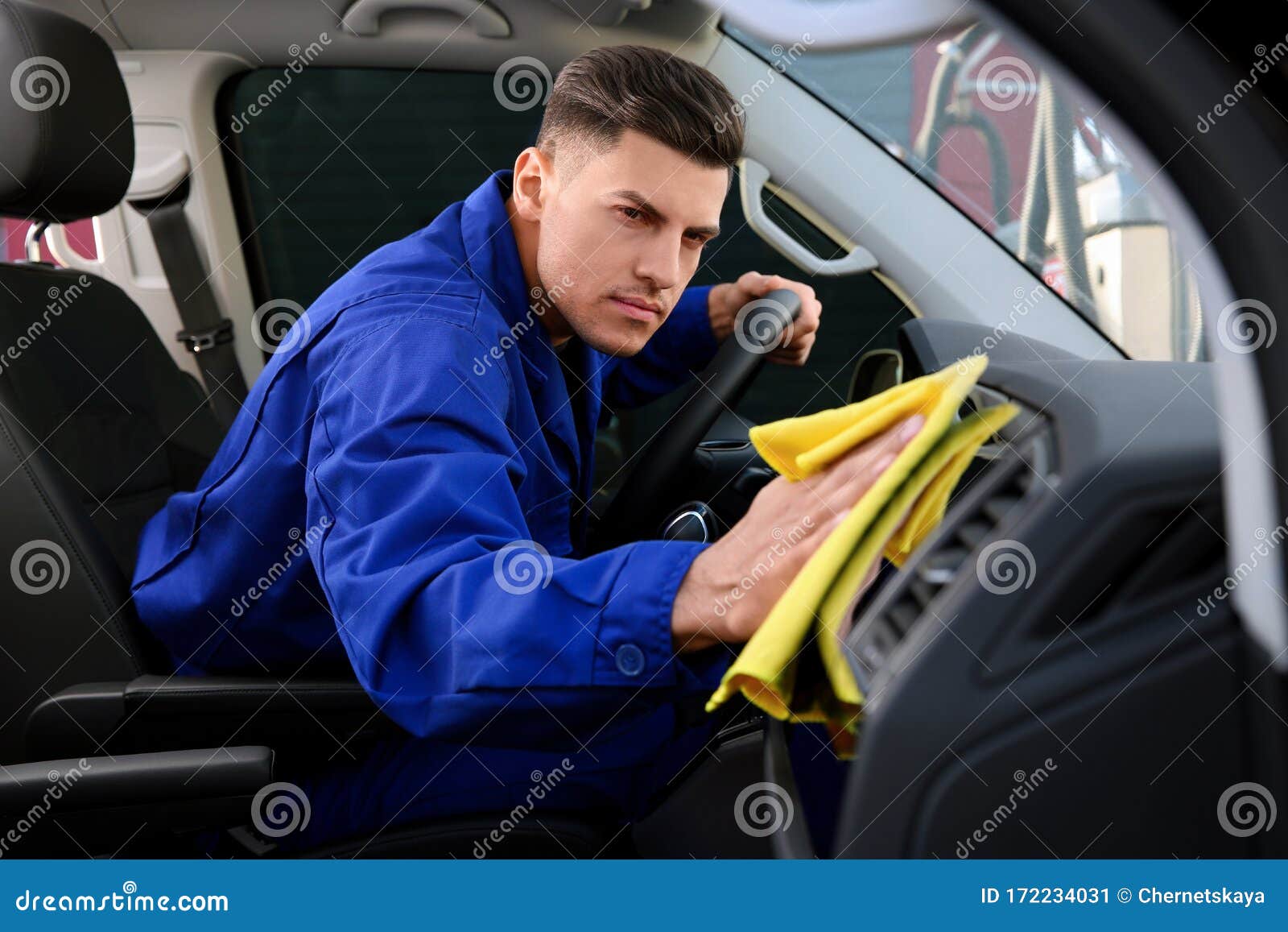 Car Wash Worker Cleaning Automobile Interior Stock Image - Image of ...