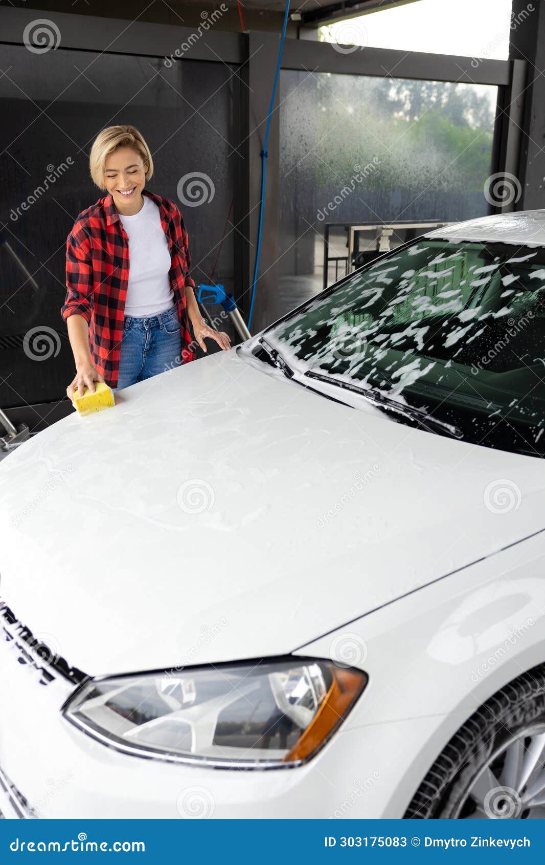 Car Wash Worker Cleaning the White Car Stock Image - Image of blonde ...