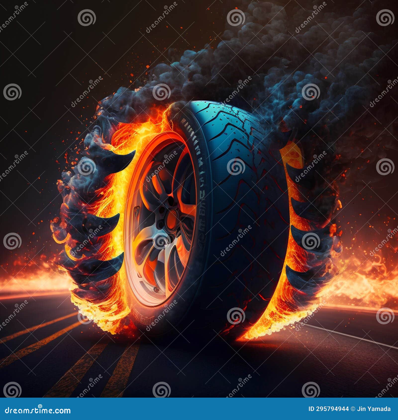 Car Wheel Burning in Fire on the Road. 3d Illustration Stock ...