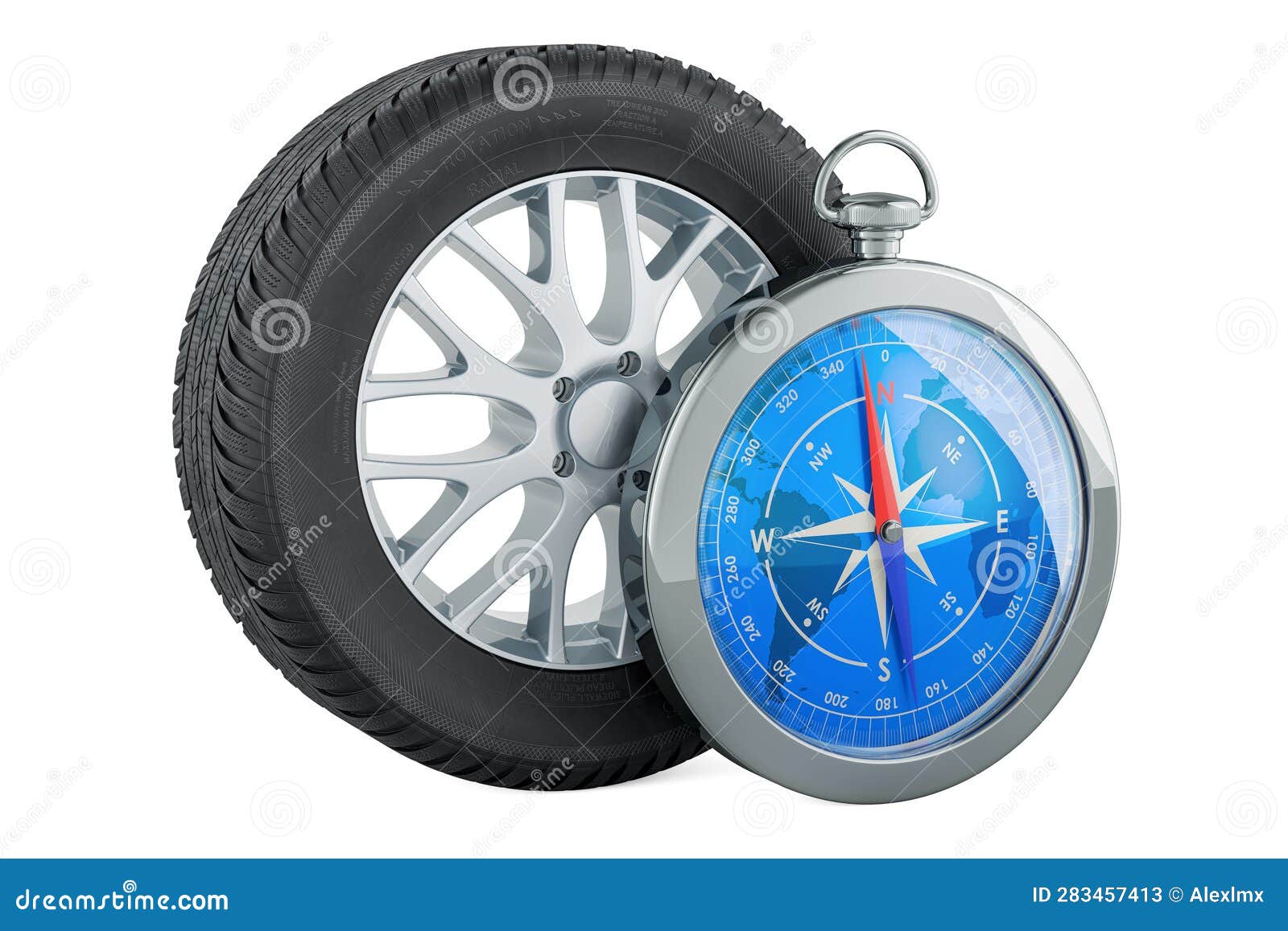 Car Wheel with Compass, 3D Rendering Stock Illustration - Illustration ...