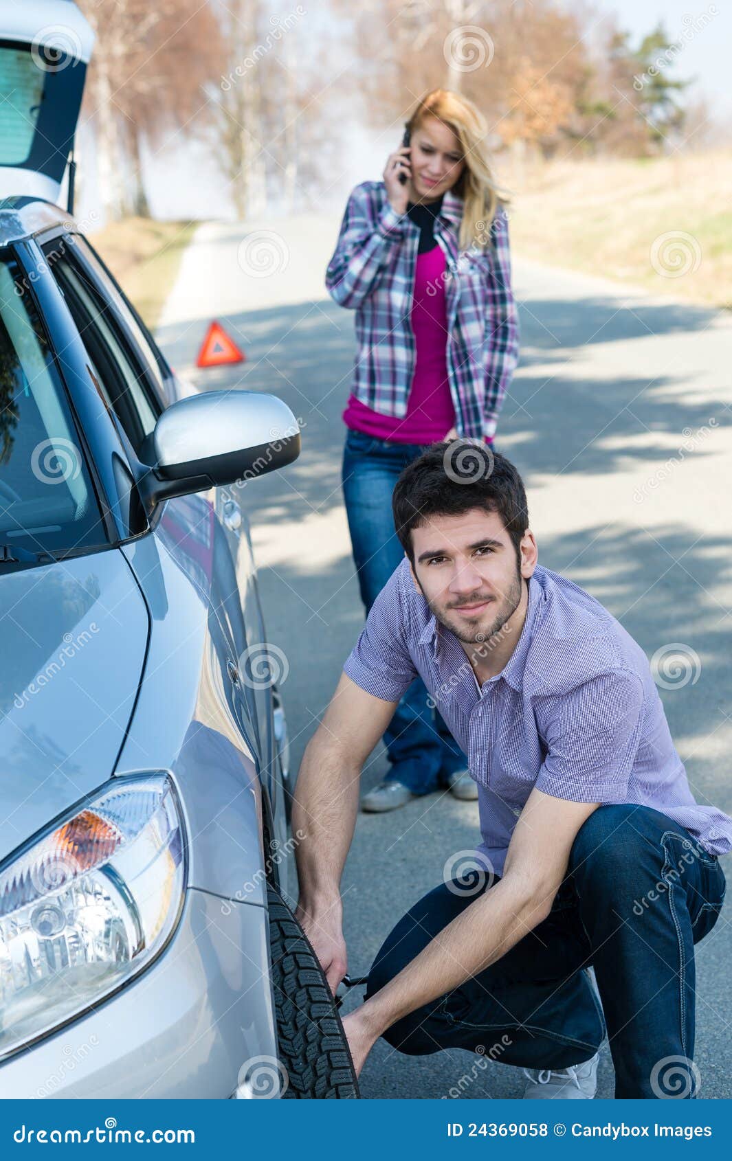 Car Wheel Defect Man Change Puncture Tire Stock Photo - Image of help ...