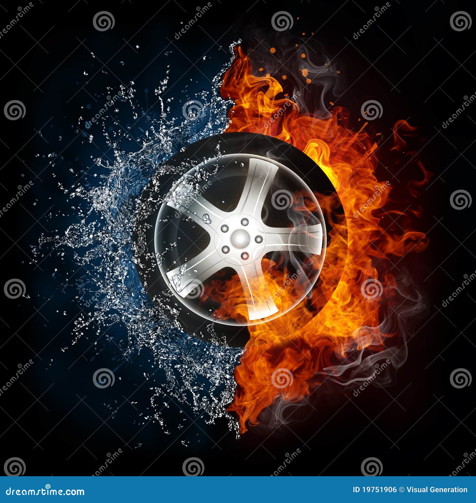 Car Wheel in Flame and Water Stock Illustration - Illustration of ...