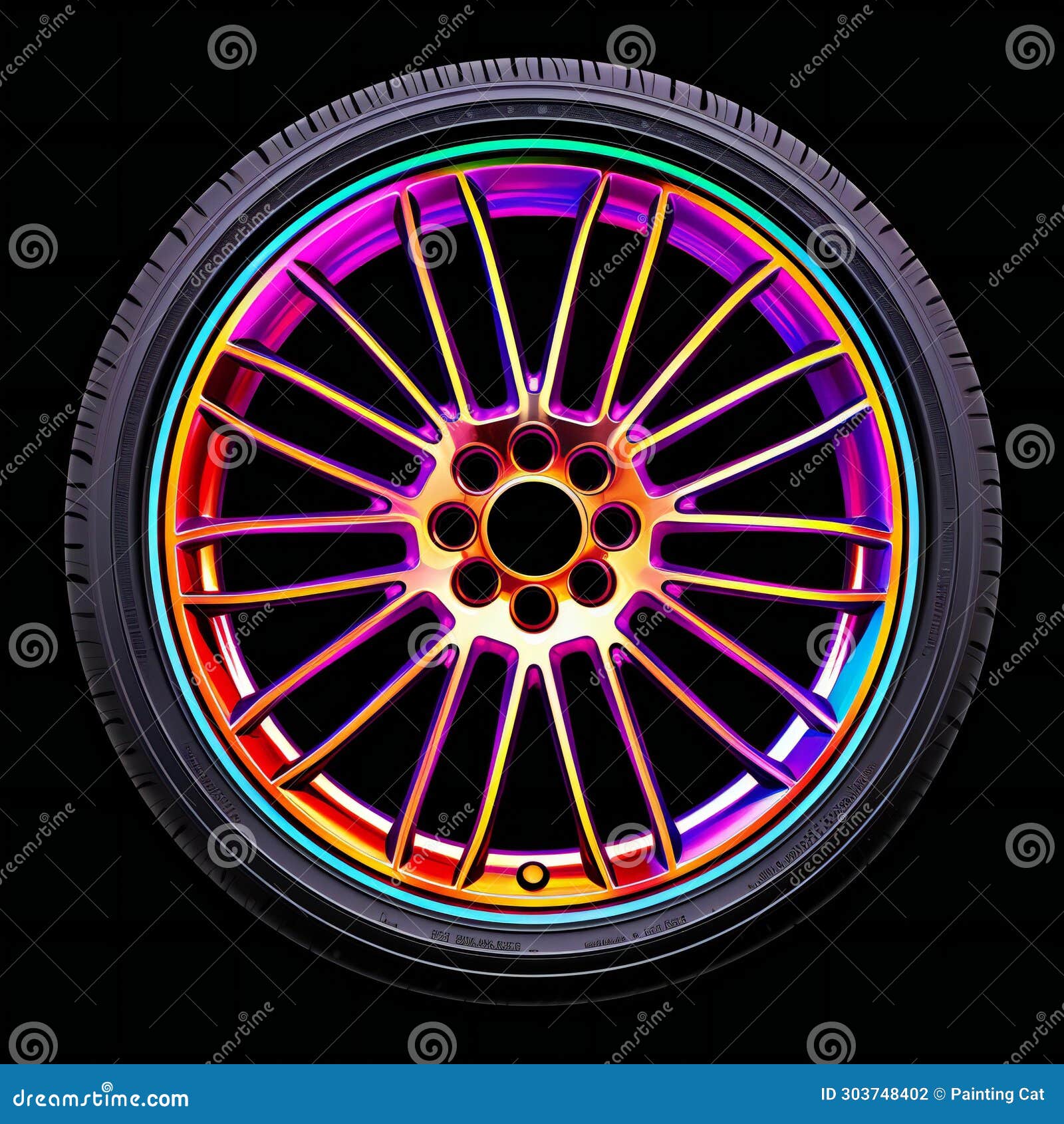 Car Wheel in Neon Light Isolated on Black Background Stock Illustration ...