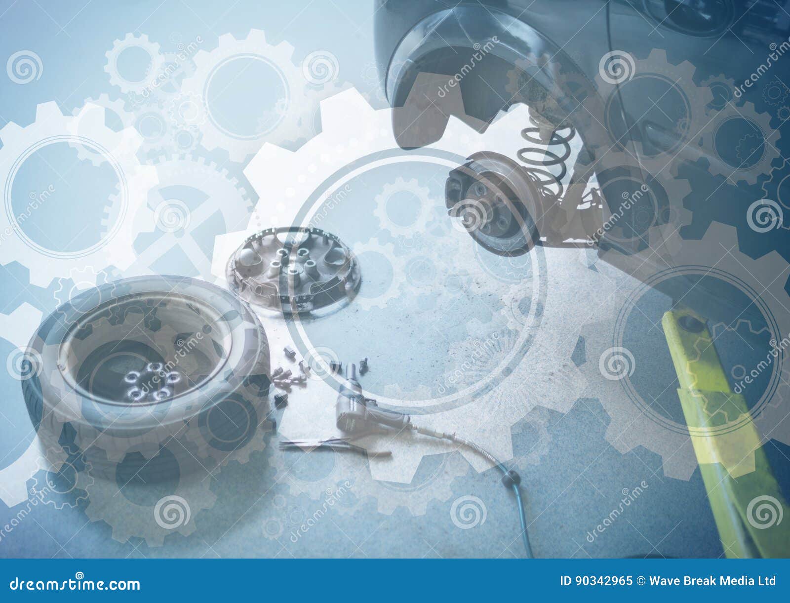 Car with Wheel Off and Gear Graphic Overlay Stock Image - Image of land ...