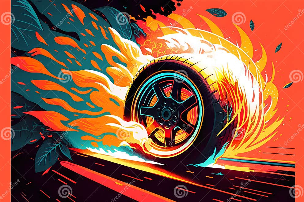 Car Wheel on a Road with Fire and Flames, Vector Illustration. Stock ...