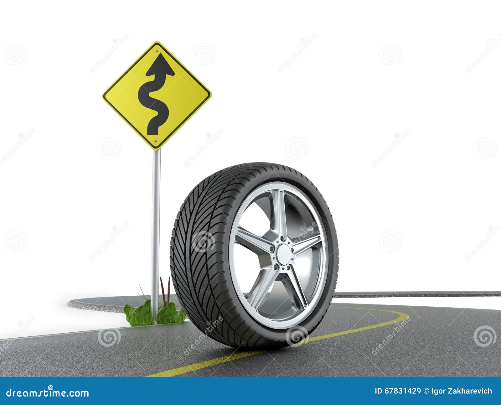 Car Wheel on the Show with Road Sign Stock Illustration - Illustration ...