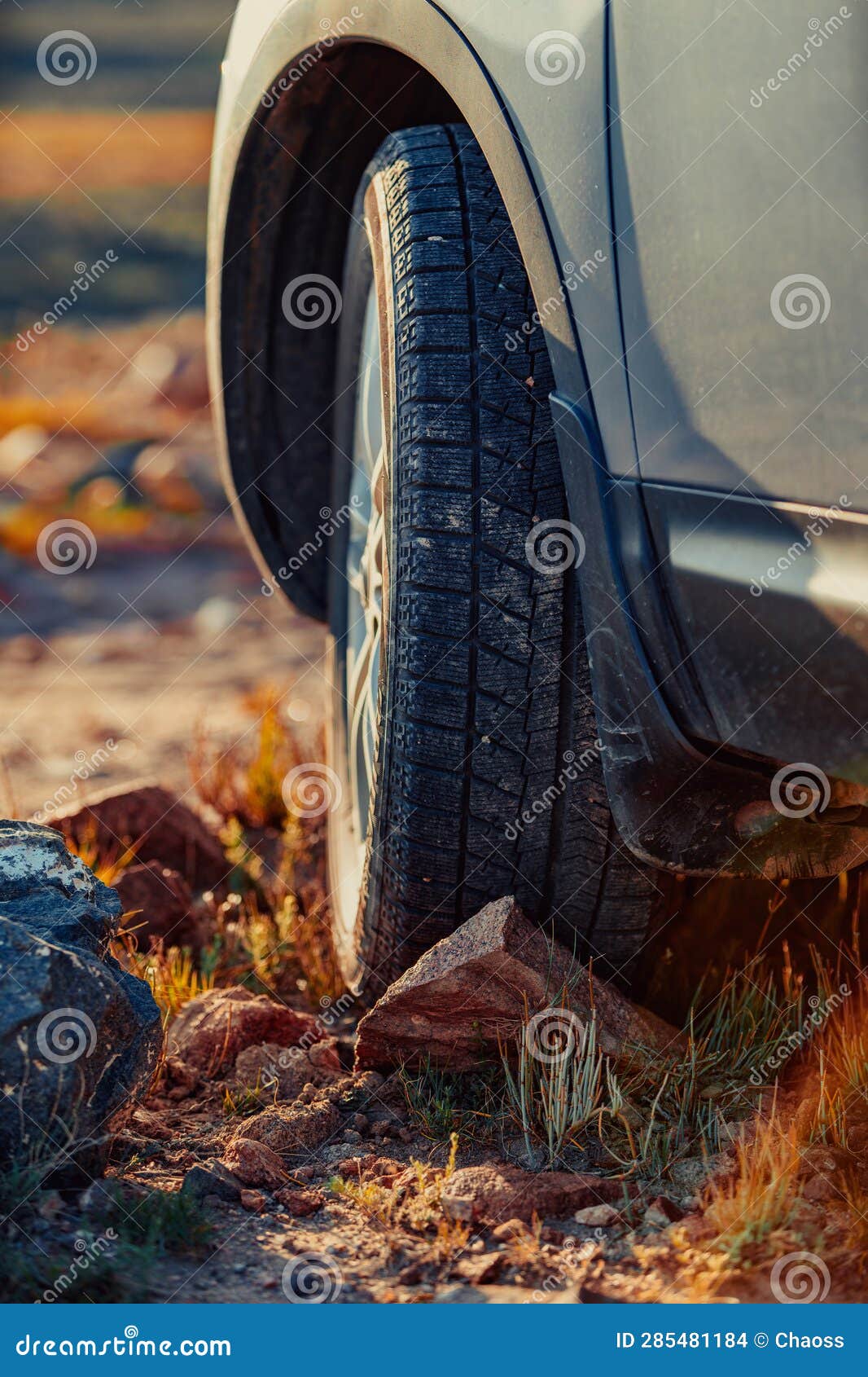 Car Wheel Standing Offroad on Stone Close-up View Stock Photo - Image ...