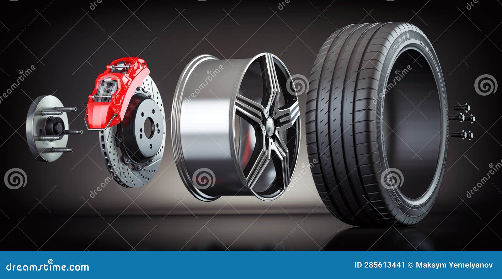 Car Wheel Structure. Tyre, Rim, Disk Brakes with Caliper Stock ...