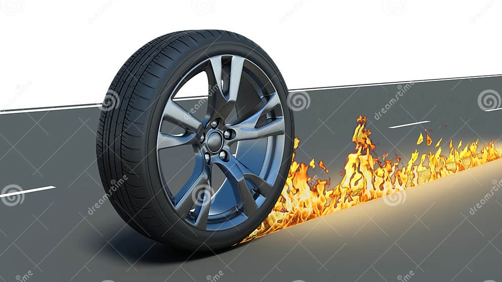 Car Wheel and Track Fire on the Road Stock Illustration - Illustration ...