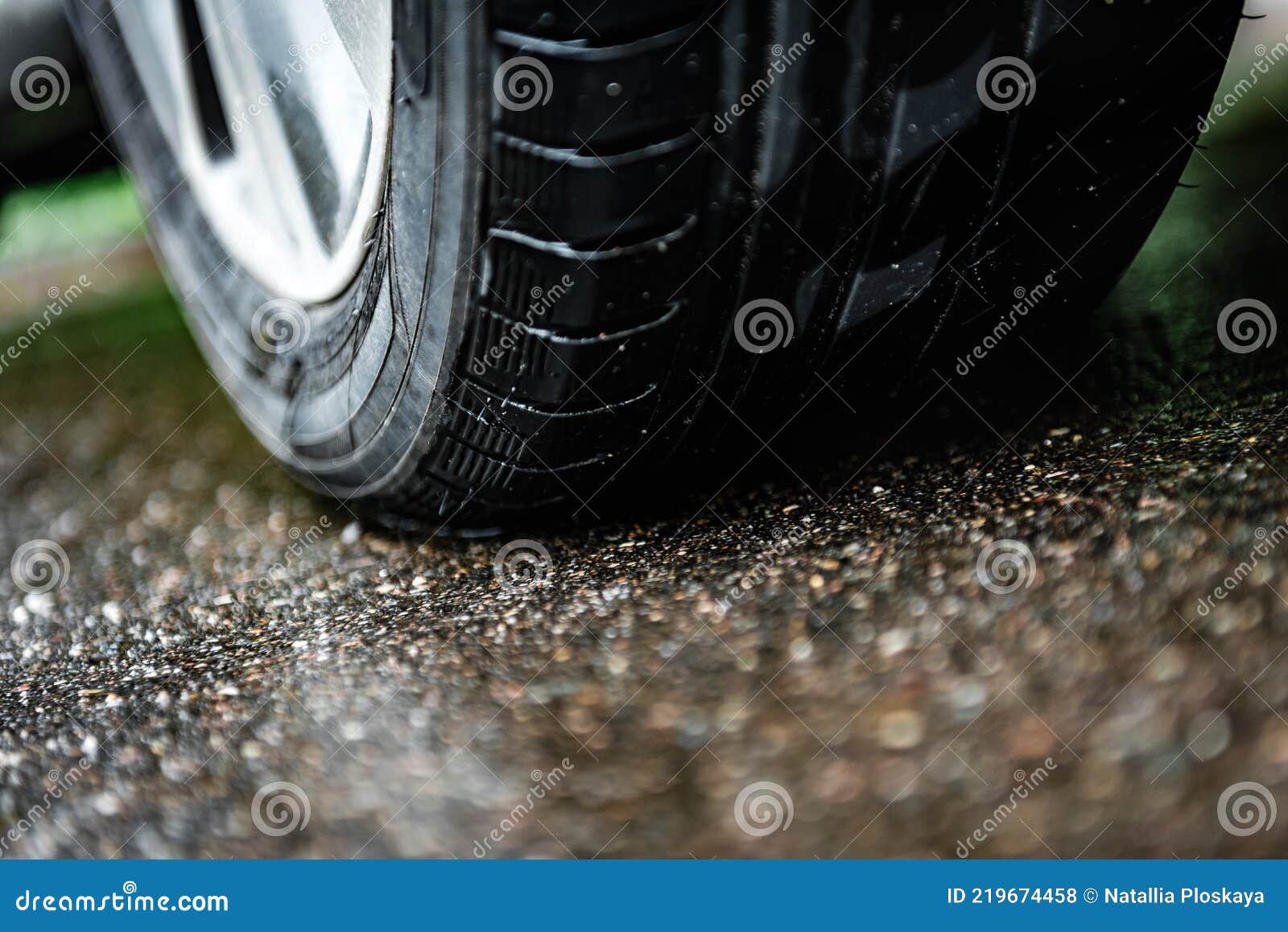 Car Wheel on Wet Asphalt after Rain. Stock Photo - Image of drop, drive ...