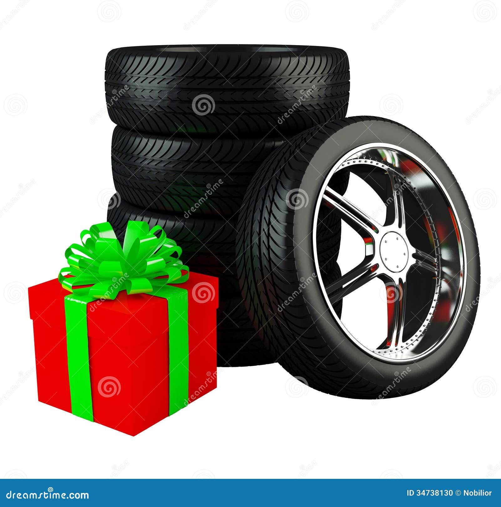 Car Wheels with Big Red Gift Box Stock Illustration - Illustration of ...