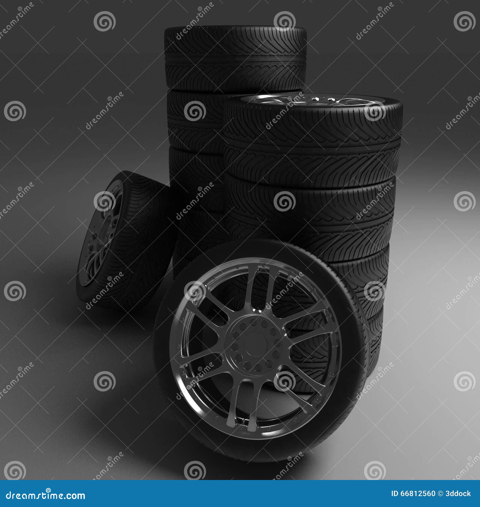Car Wheels. 3D Render Illustration on Black Background. Stock ...