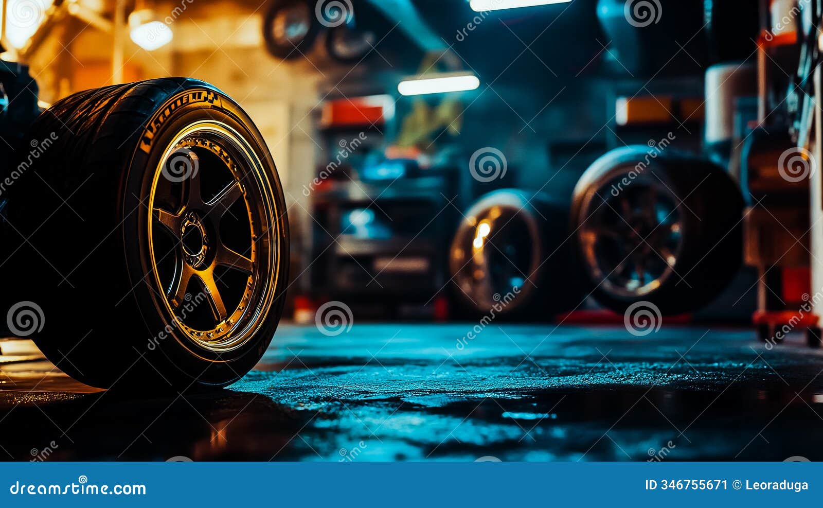 Car Wheels in a Garage, Captured from Different Angles Stock ...