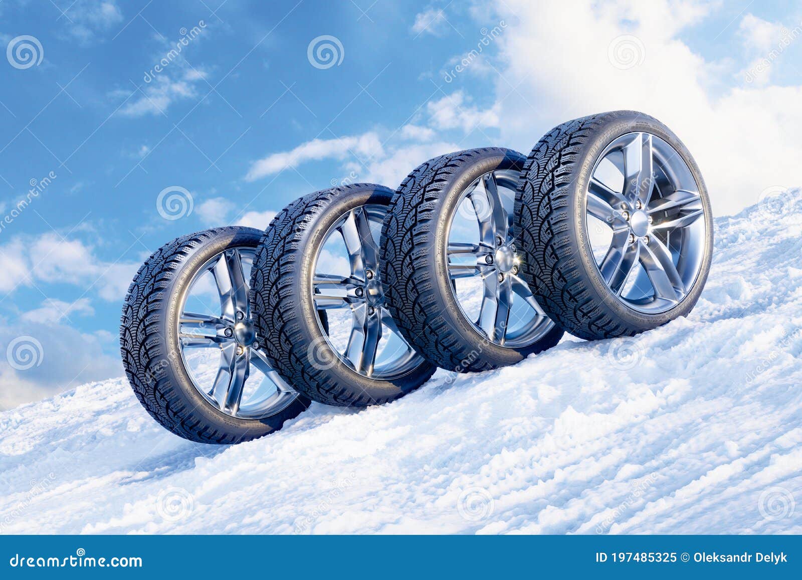Car Wheels in Row on a Snowy Mountain Slope 3D Stock Illustration ...