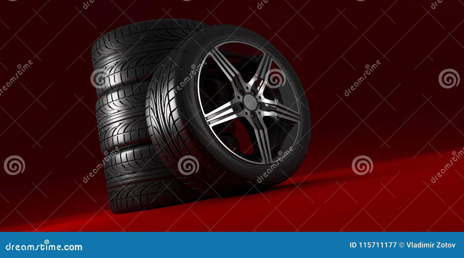 Car Wheels Set on Red Background. Poster Design. Stack. 3d Illustration ...