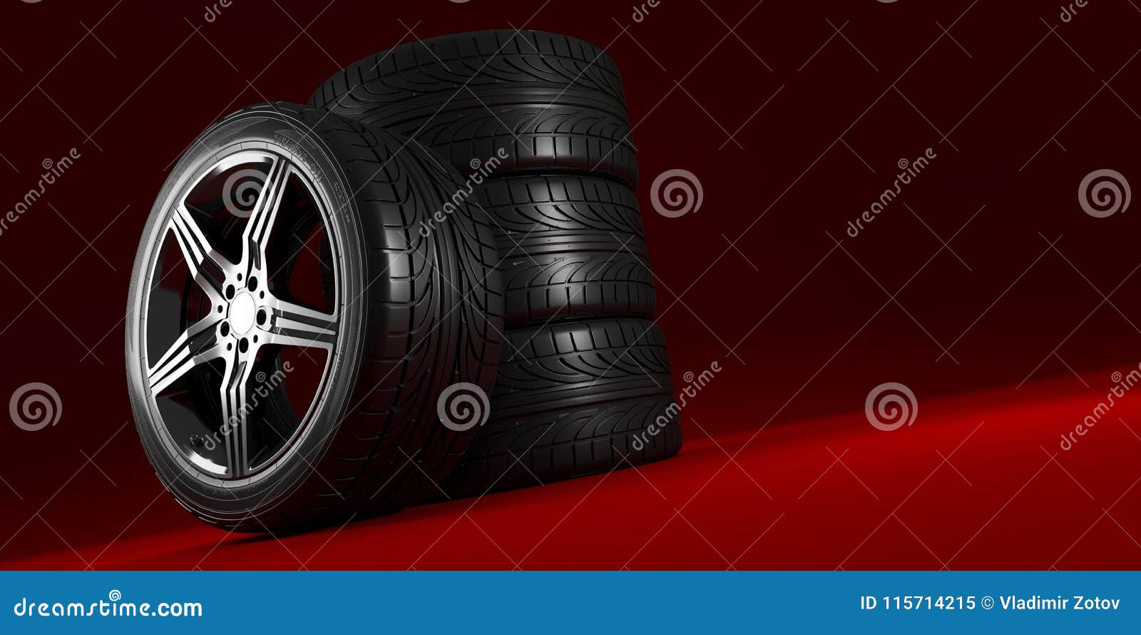 Car Wheels Set on Red Background. Poster Design. Stack. 3d Illustration ...