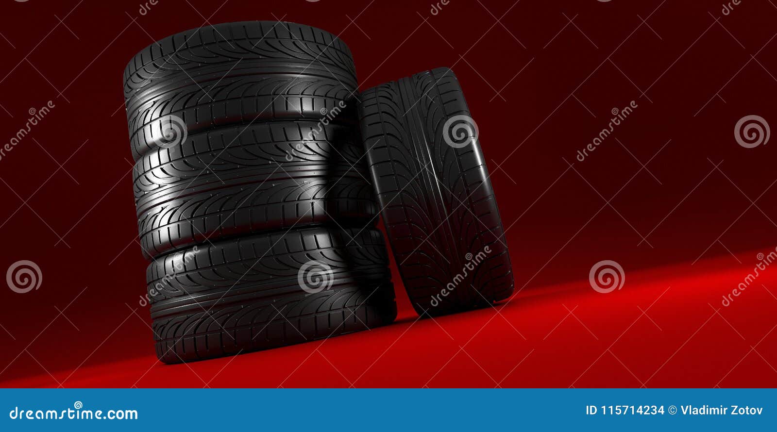 Car Wheels Set on Red Background. Poster Design. Stack. 3d Illustration ...