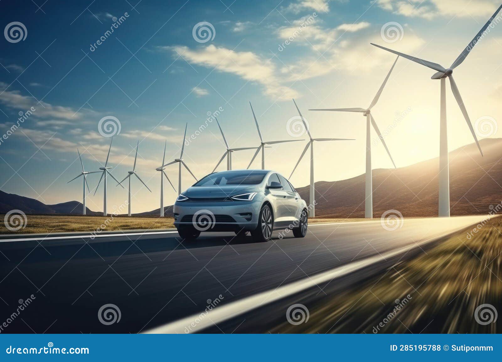Car and Wind Turbines Farm Renewable Energy Stock Illustration ...