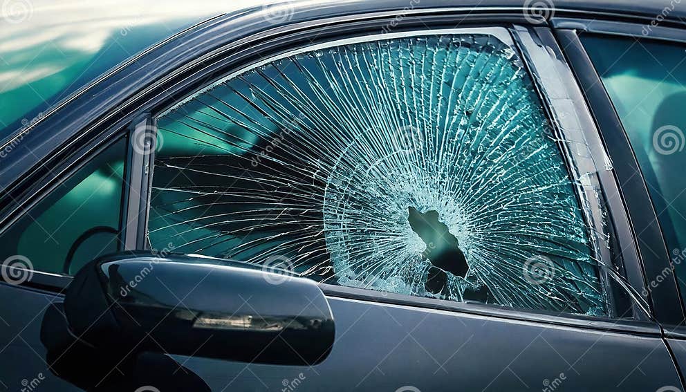 Car Window Shattered in Urban Setting with Visible Damage during ...