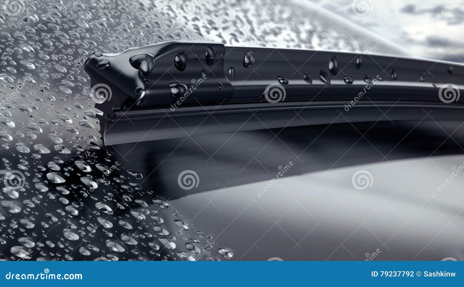 Car Windshield with Rain Drops and Frameless Wiper Blade Closeup Stock ...