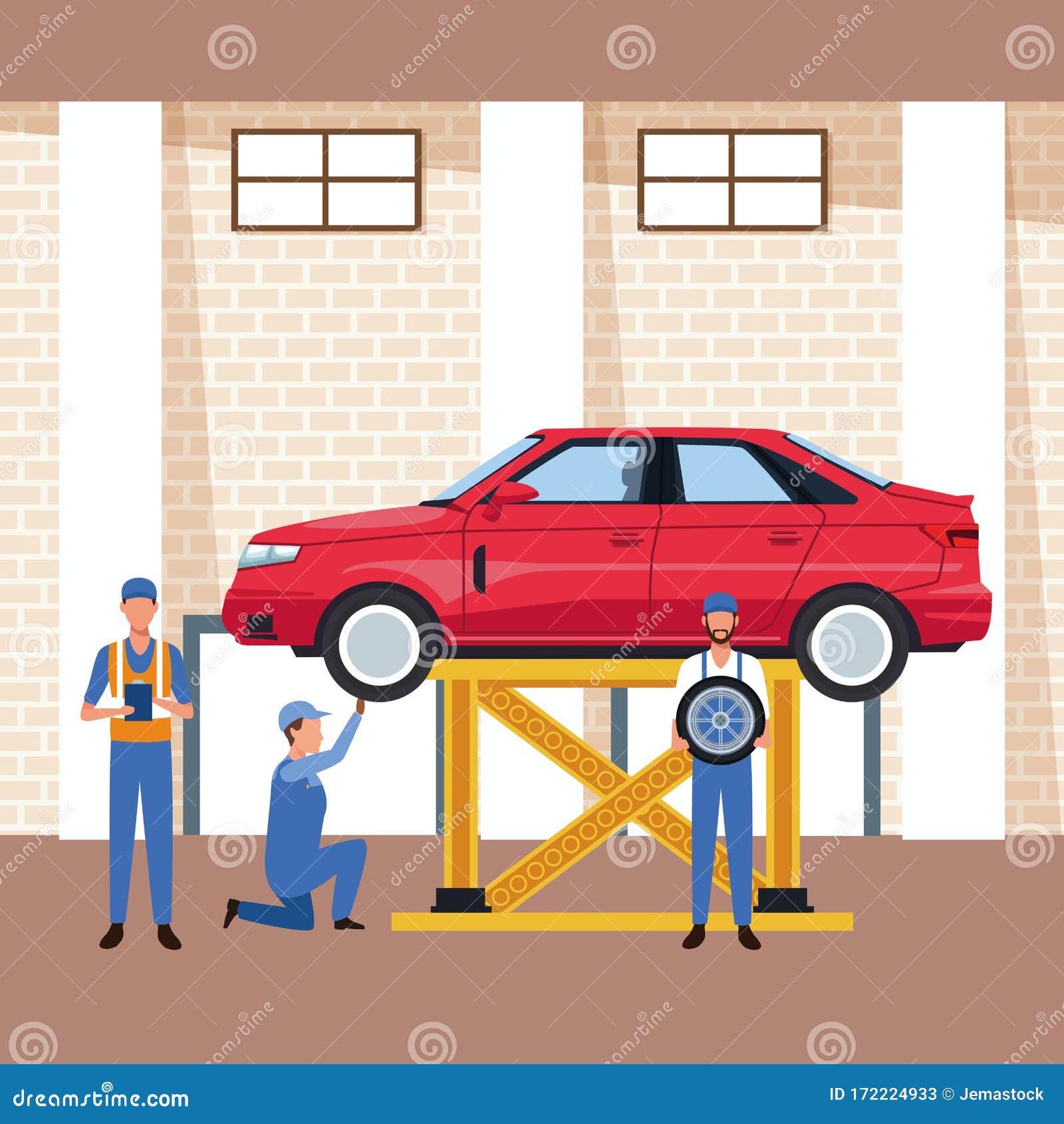 Car Workshop Scenery with Lifted Car and Mechanics Working on Stock ...