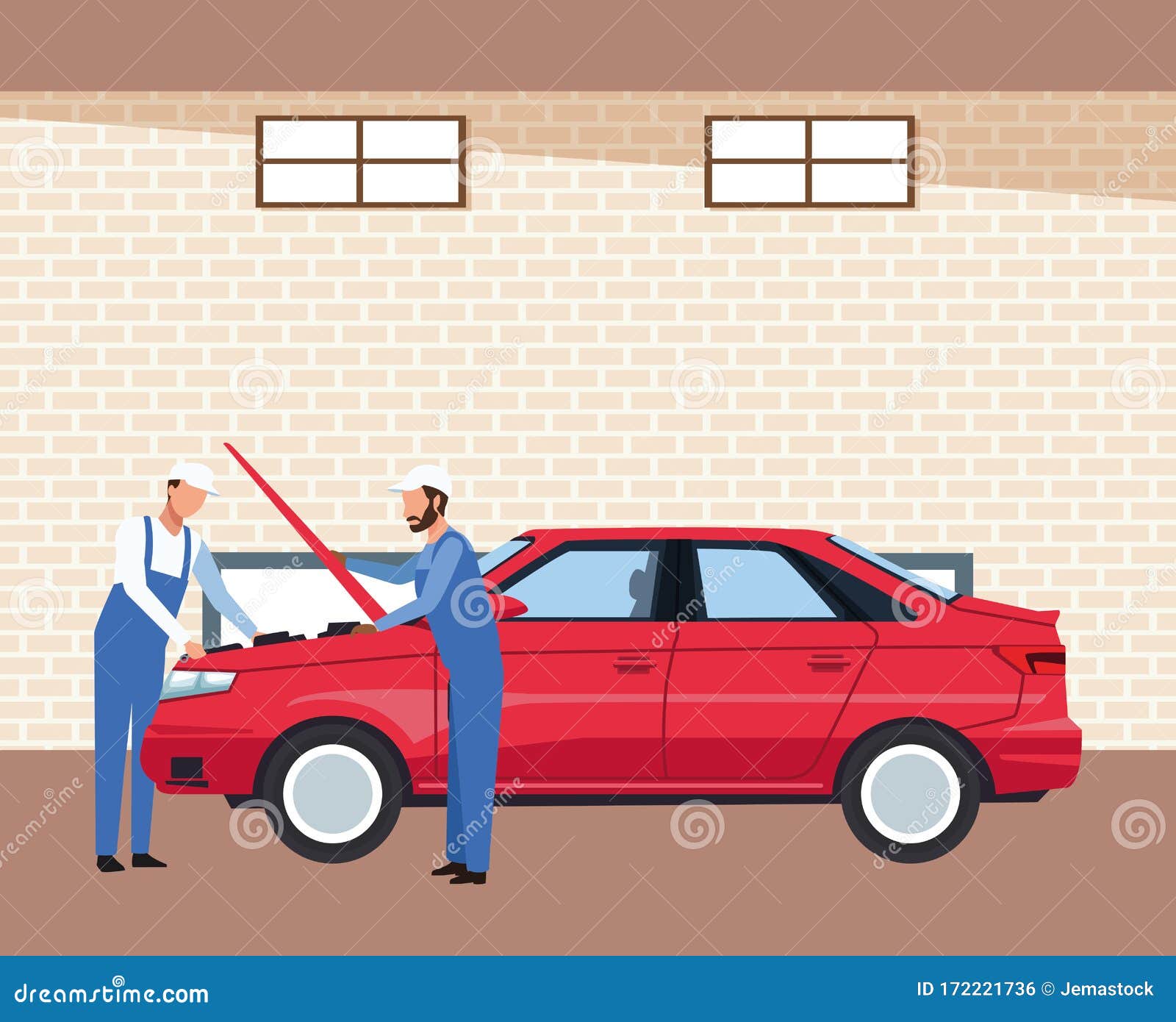 Car Workshop Scenery with Mechanics Fixing a Red Car Stock Vector ...