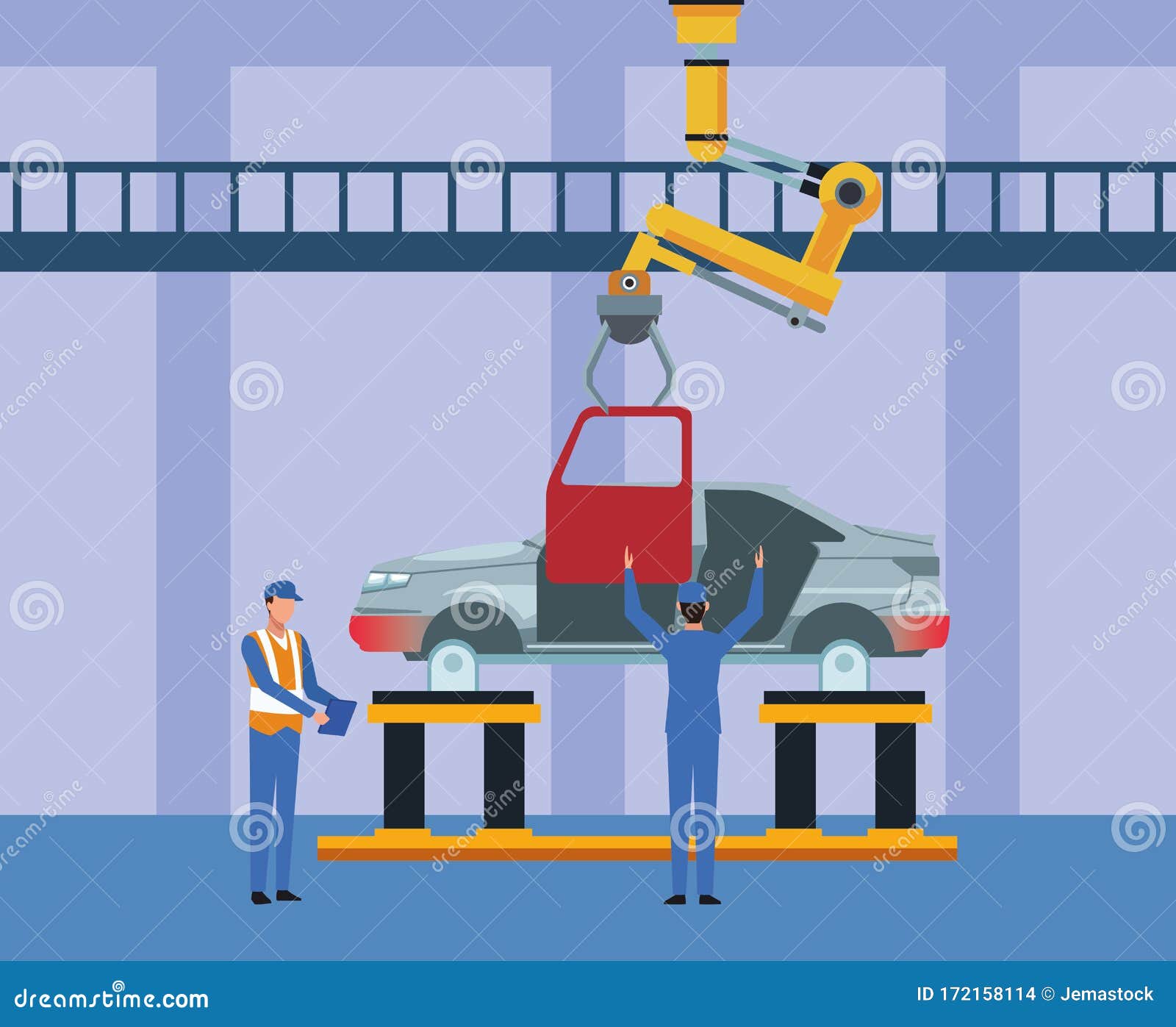 Car Workshop Scenery with Mechanics Working on a Car Body Stock Vector ...